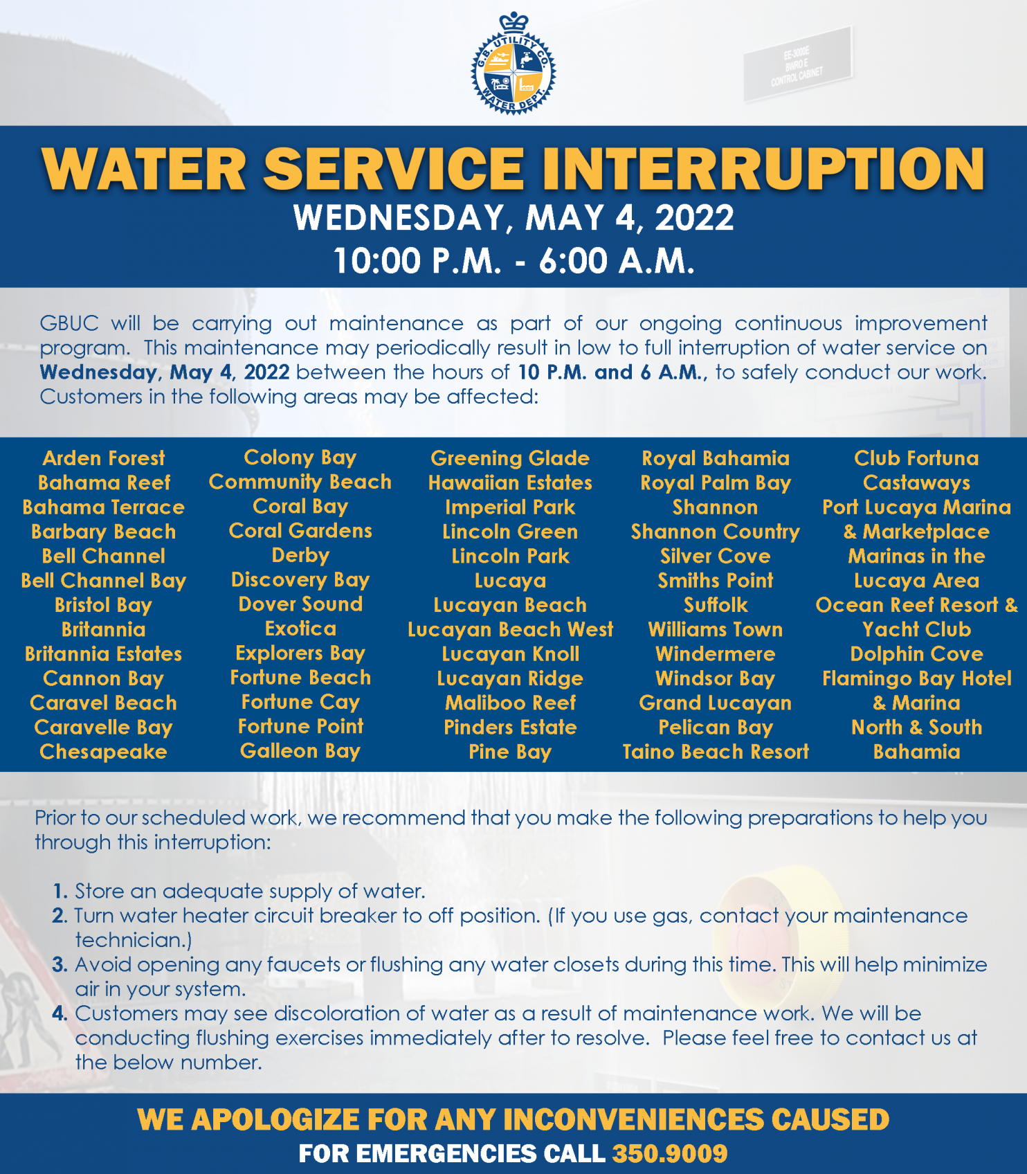 Service Interruption - Reverse Osmosis Maintenance - GB Utility Company